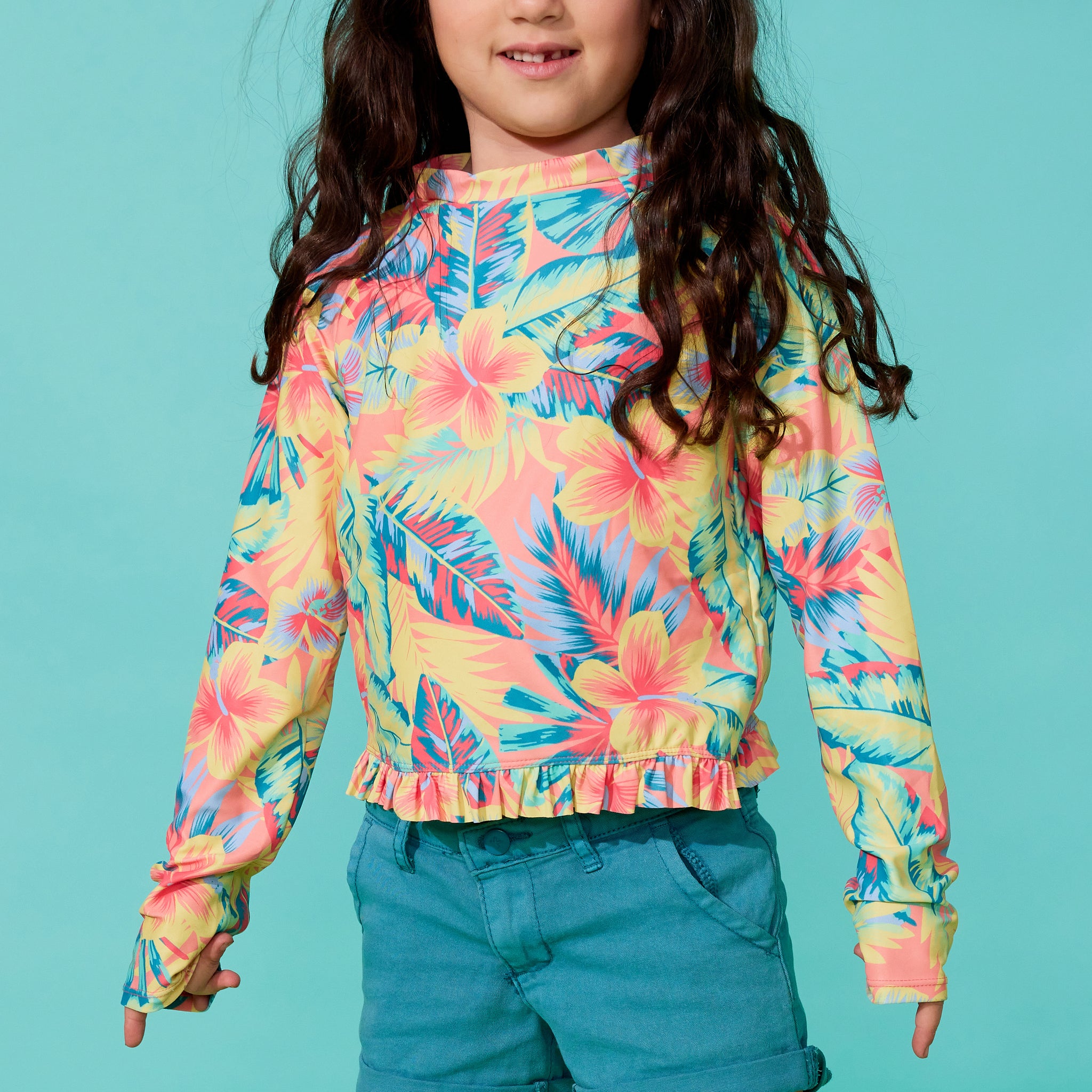 KIDPIK Girls Raglan Long Sleeve Tropical Flower Rash Guard Swimsuit ...